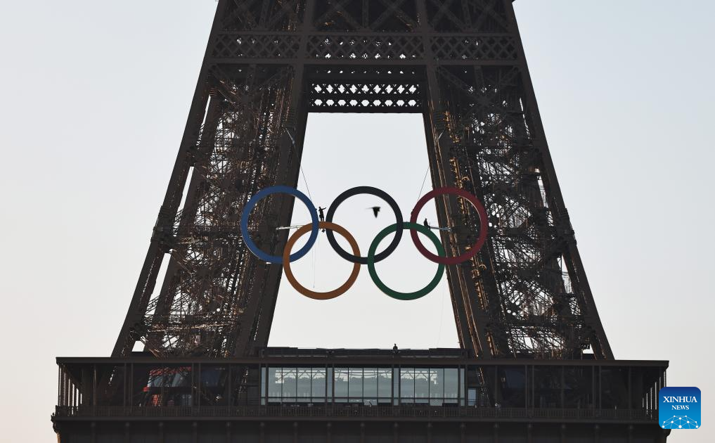 Olympic Rings on Eiffel Tower unveiled 50 days ahead of Paris 2024-Xinhua