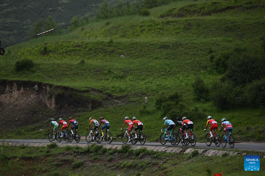 Riders compete during 22nd Tour of Qinghai Lake cycling race-Xinhua