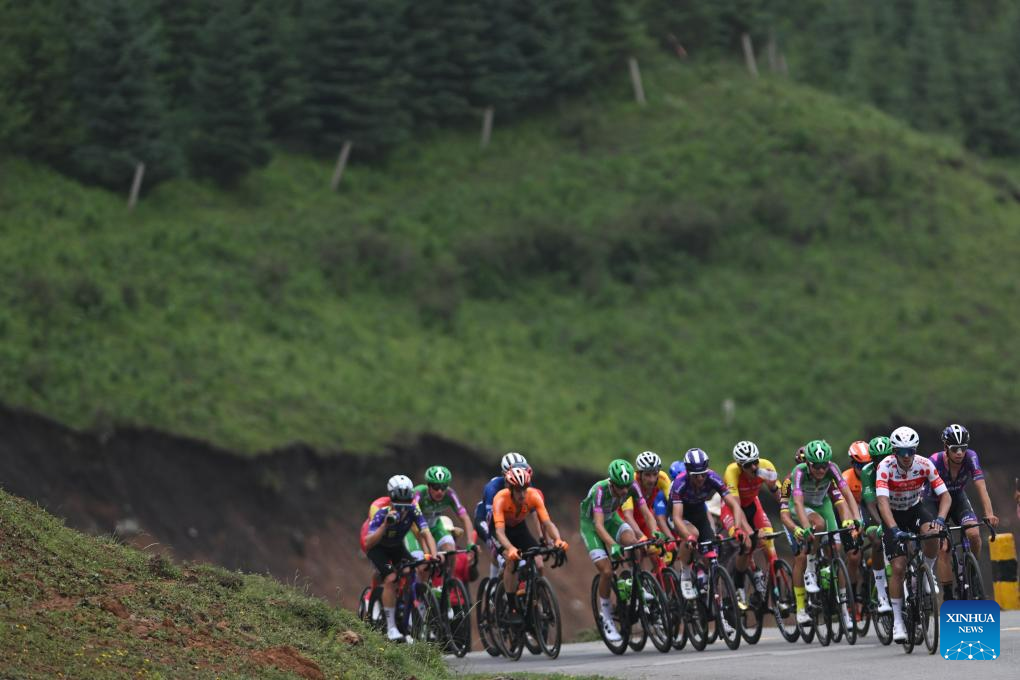 Riders compete during 22nd Tour of Qinghai Lake cycling race-Xinhua