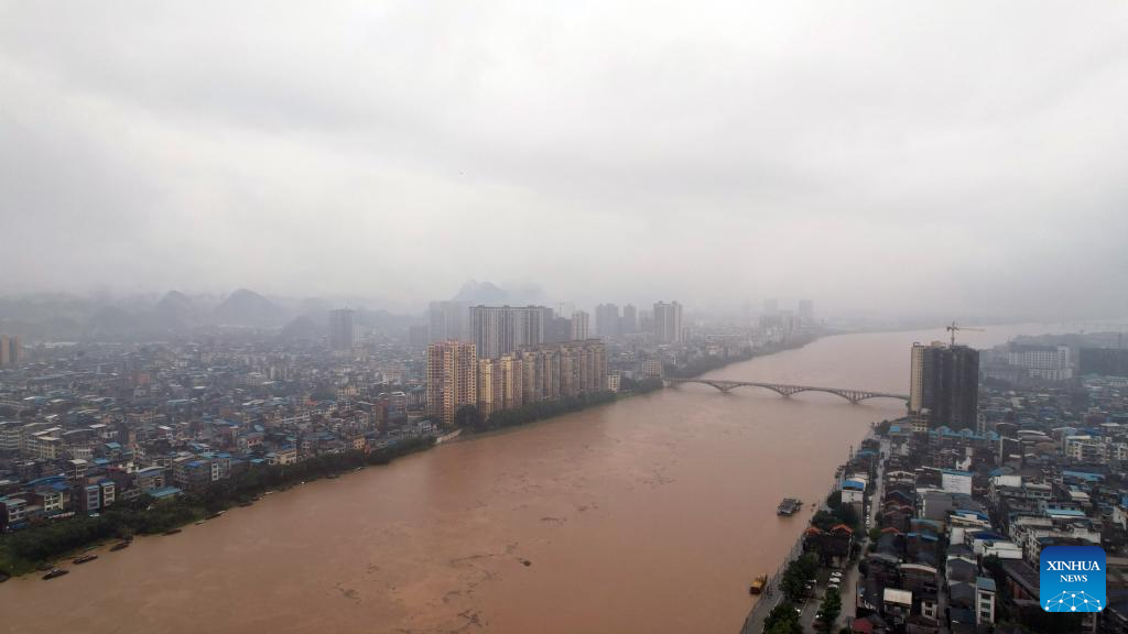 Torrential rainfall elevates water level in section of Rongjiang River ...