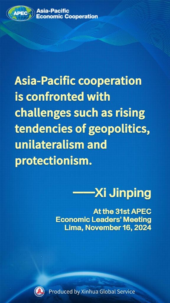 Poster: Xi warns against protectionism, calls for openness at APEC summit-Xinhua