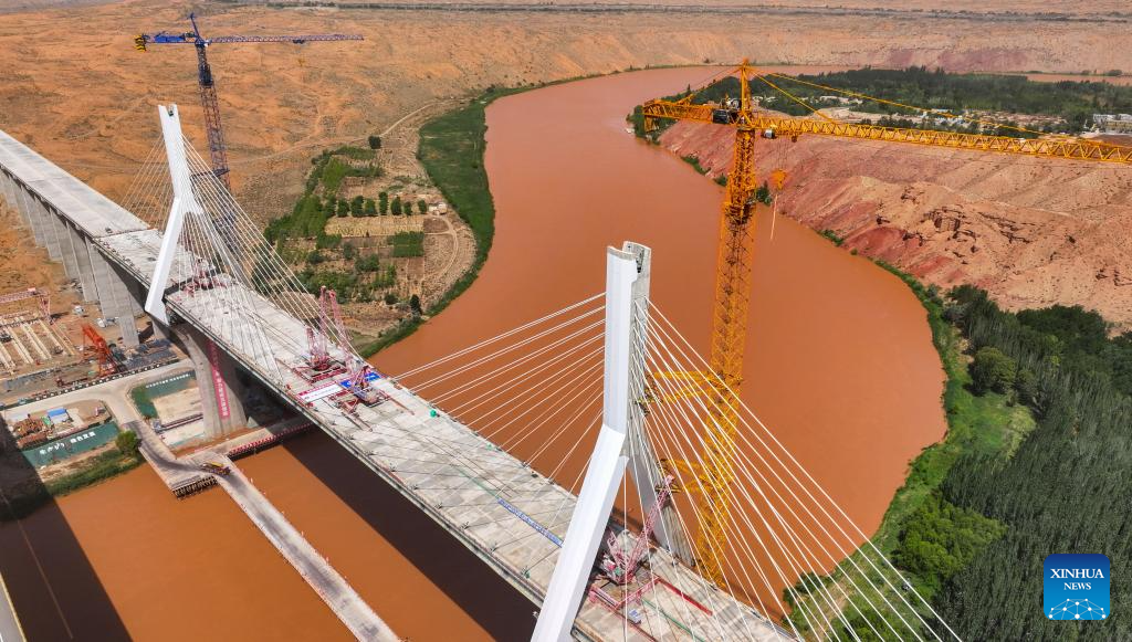 View of Heishan Gorge Yellow River grand bridge in NW China-Xinhua