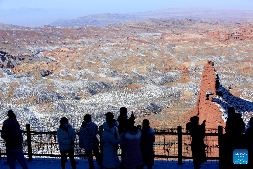 Snow scenery of Danxia landform in NW China's Gansu-Xinhua