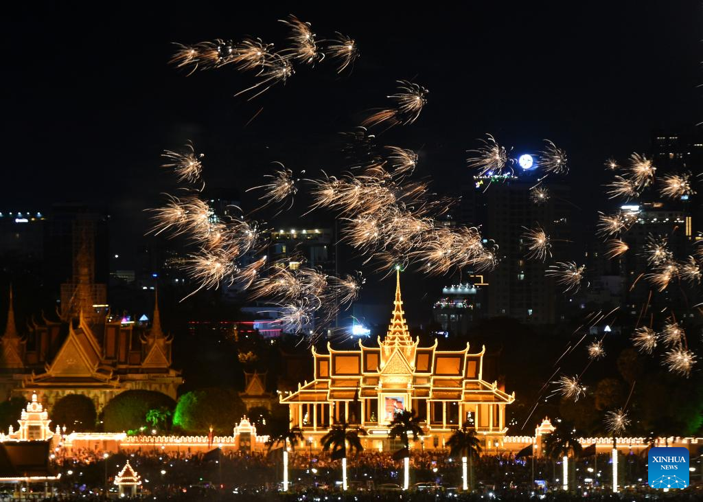 Fireworks seen during Independence Day celebration in Cambodia-Xinhua