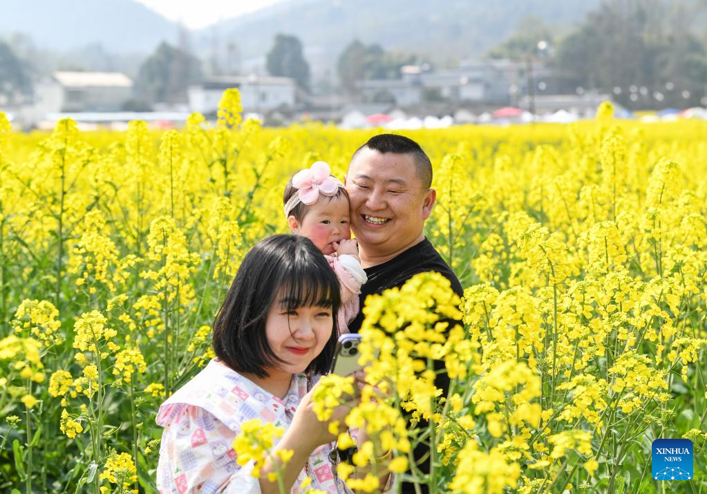People enjoy cole flower view in SW China's Sichuan-Xinhua