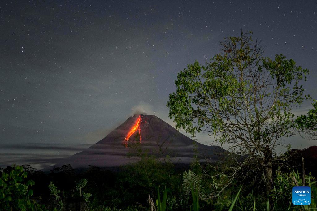 Volcanic materials spew from Mount Merapi in Sleman district, Indonesia ...