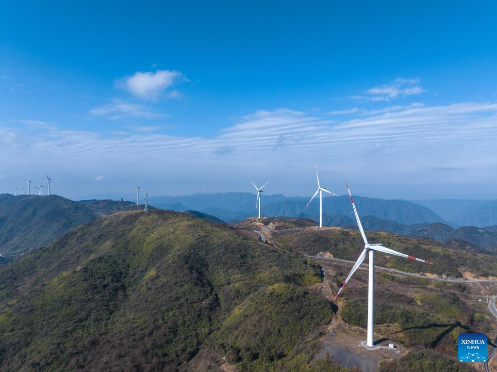 Aerial view of wind turbines in Yuchi Town, China's Chongqing-Xinhua