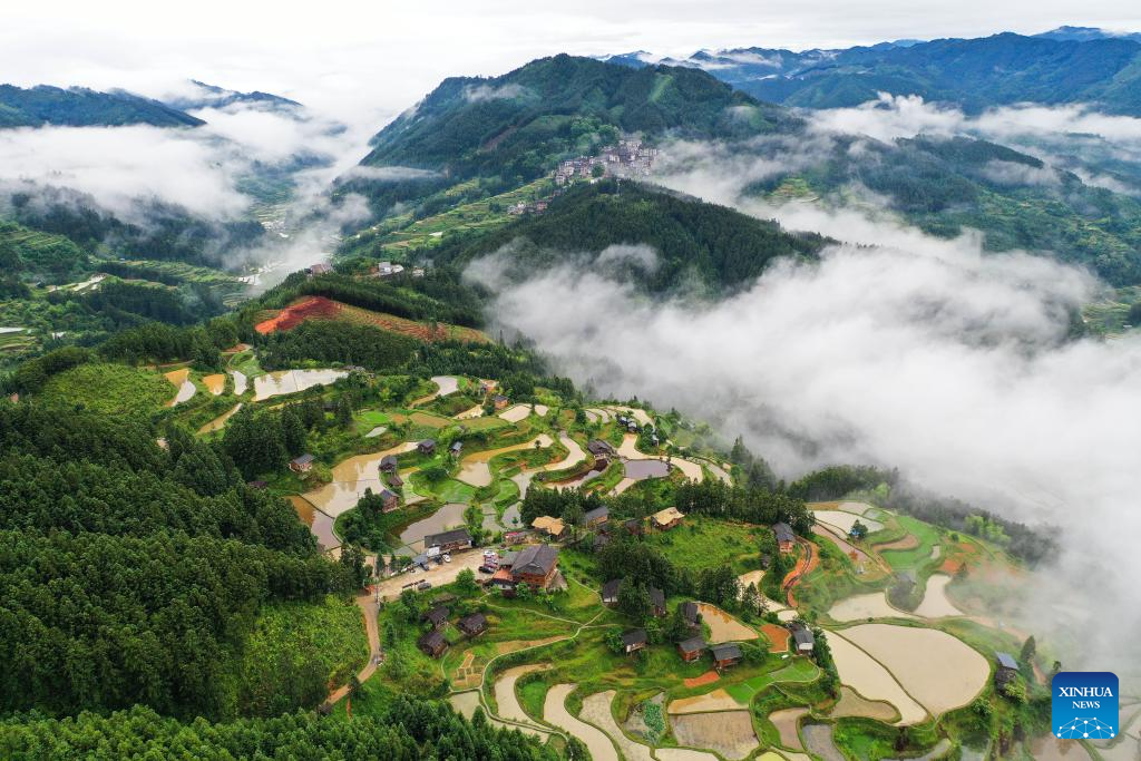 Aerial view of terrace in SW China's Guizhou-Xinhua