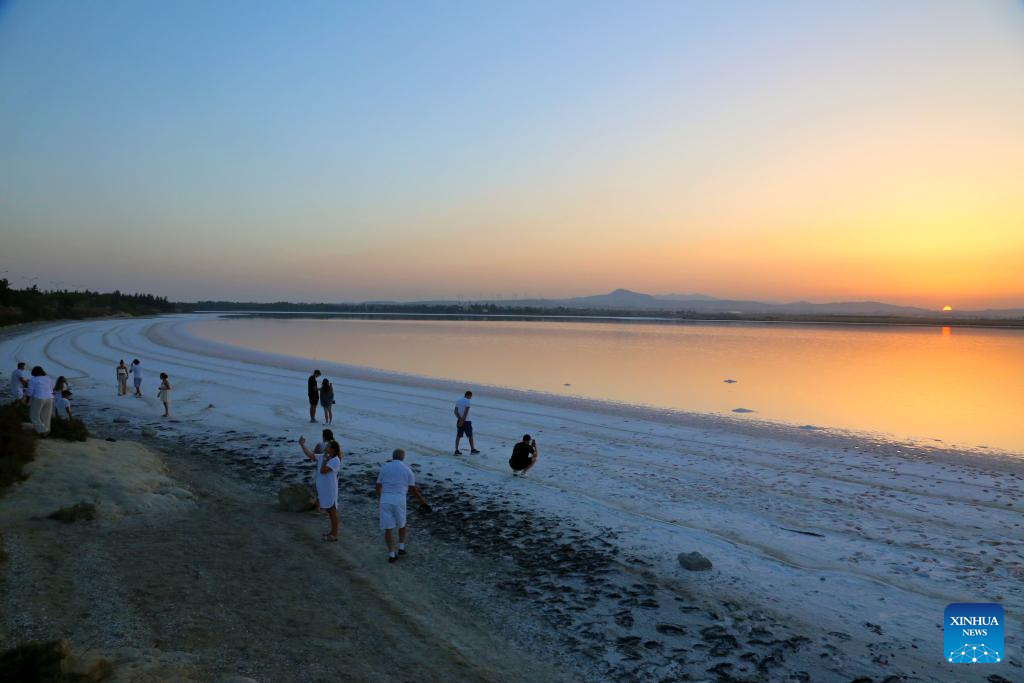 Sunset view of Larnaca Salt Lake in Cyprus-Xinhua