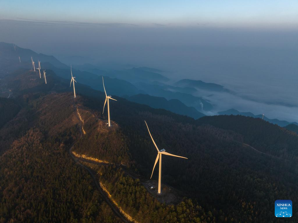 Aerial view of wind turbines in Yuchi Town, China's Chongqing-Xinhua