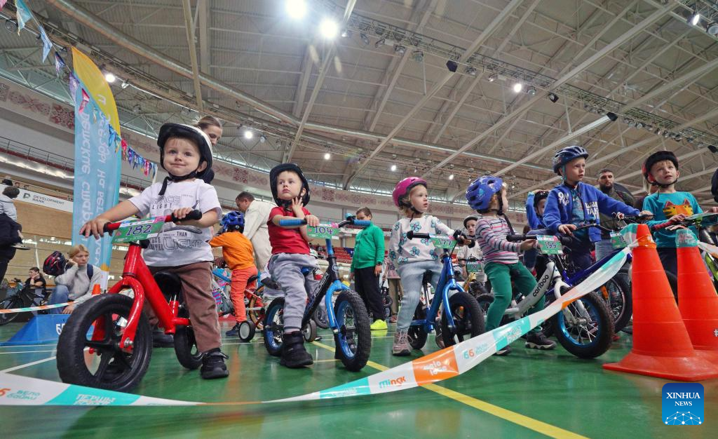 Kids compete in balance bike race in Minsk, Belarus-Xinhua