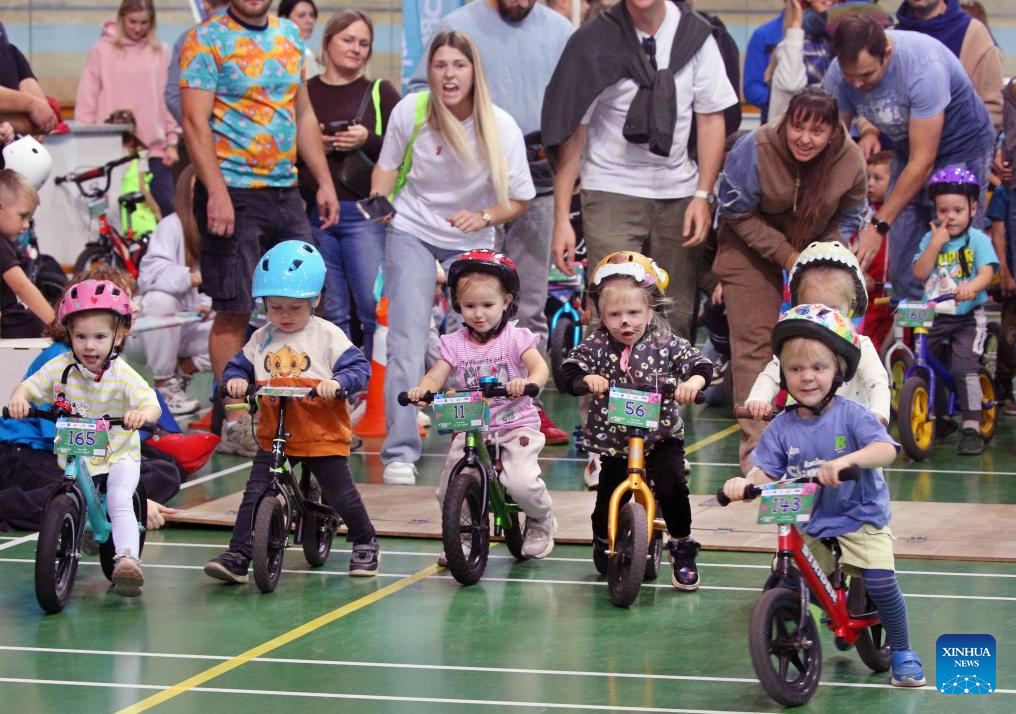 Kids compete in balance bike race in Minsk, Belarus-Xinhua