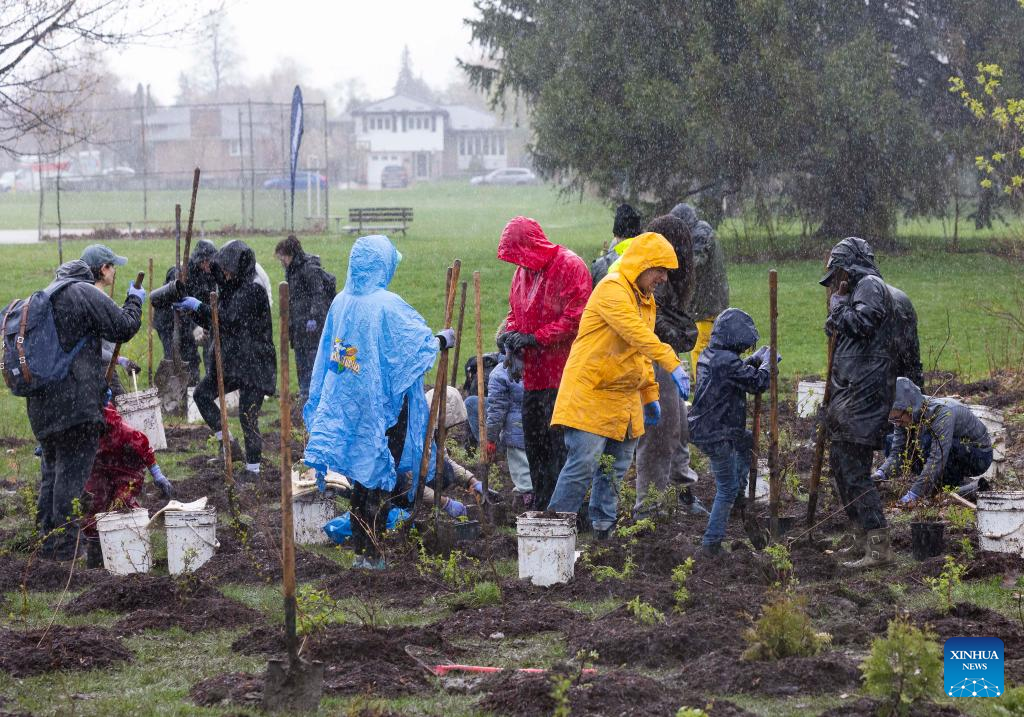People participate in tree planting event to celebrate Earth Day in ...