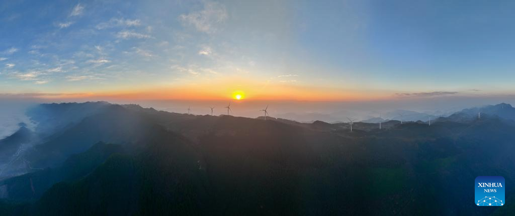 Aerial view of wind turbines in Yuchi Town, China's Chongqing-Xinhua